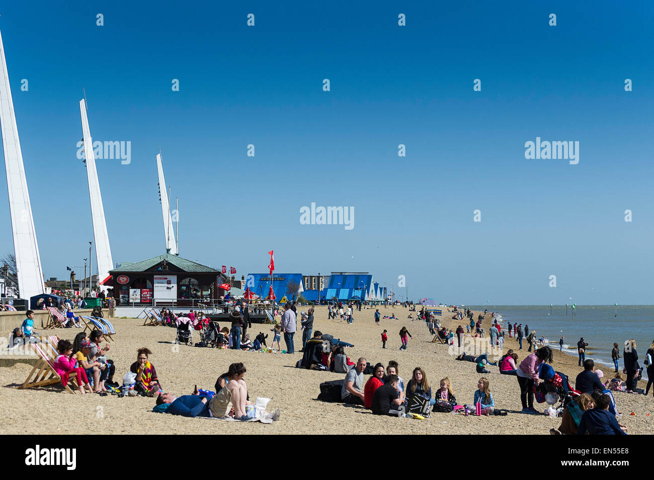 People enjoing the sunny weather on Jubilee beach in Southend, Essex ...