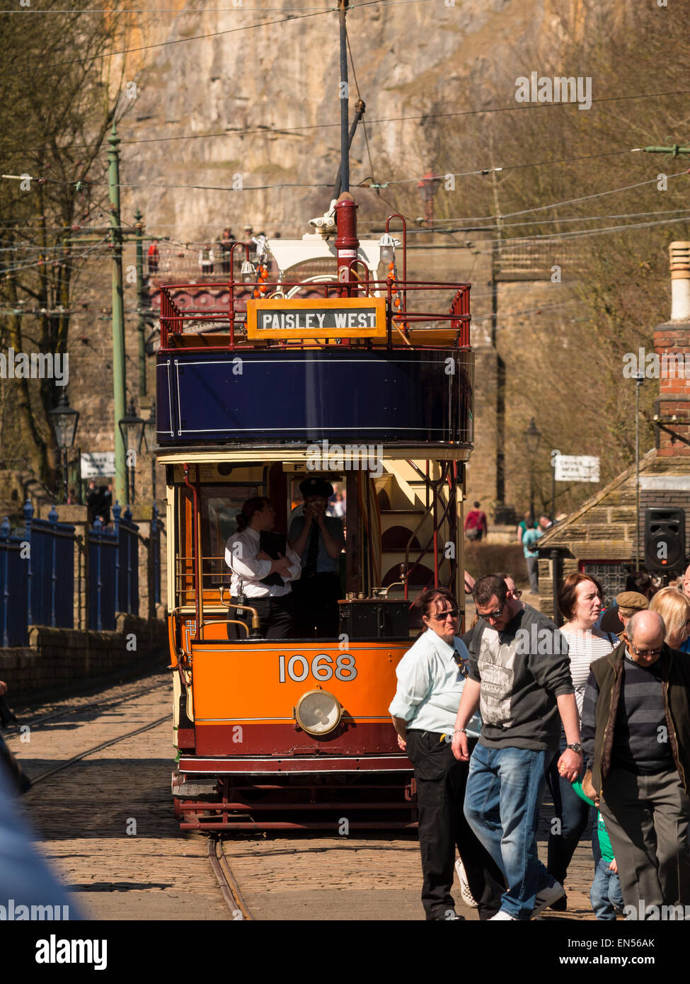 A vintage tram at the National Tramway Museum,Crich,Derbyshire,UK.taken ...