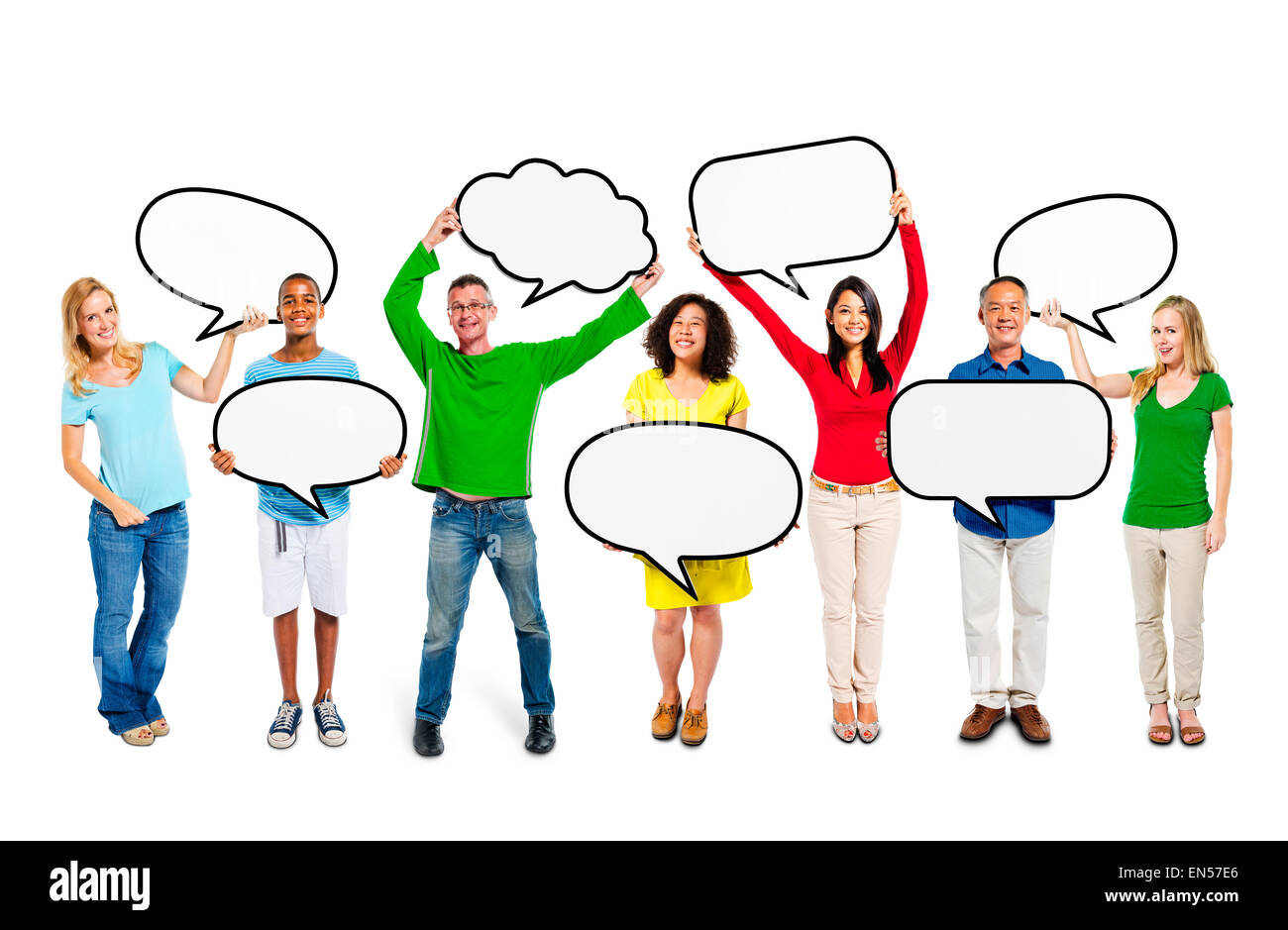 Group of multi-ethnic people standing with speech bubbles in their ...
