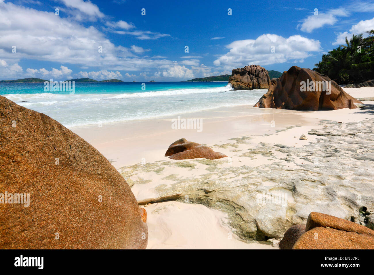 Seychelles scenic beach, La Digue Stock Photo - Alamy