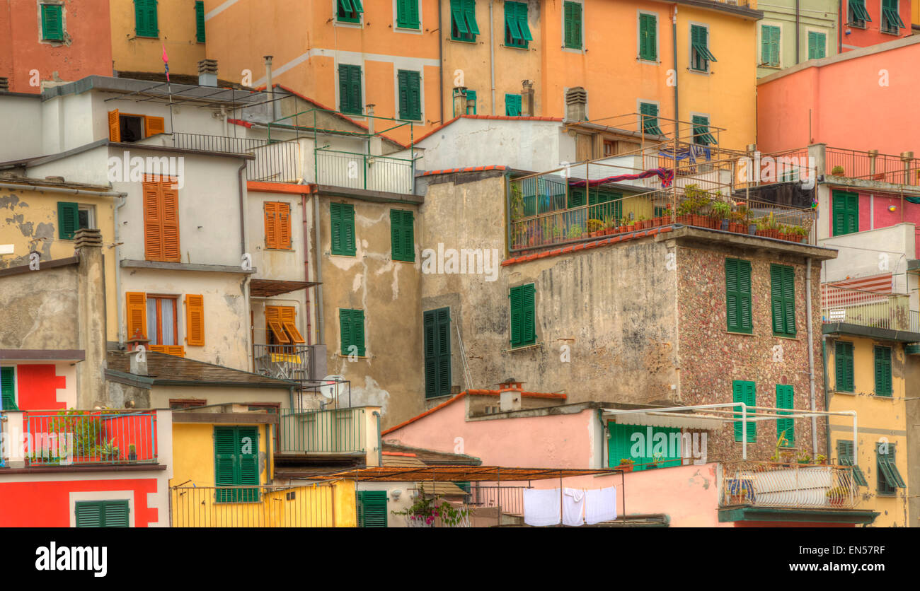 Detail of crowded buildings located in Riomaggiore on of the famous ...