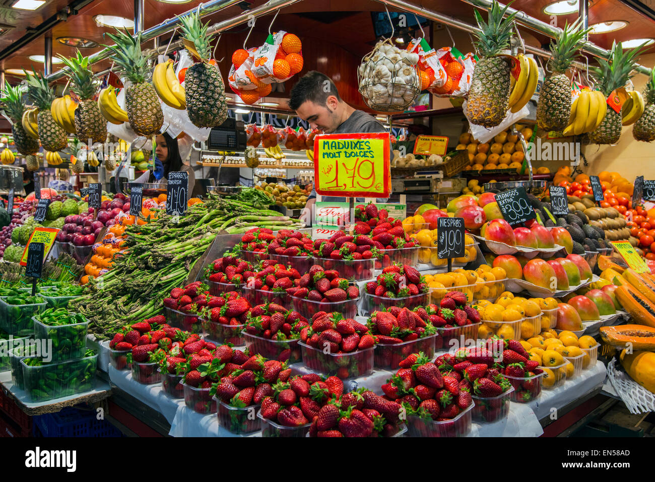 Colorful fruit and vegetables stall at Boqueria food market, Barcelona ...
