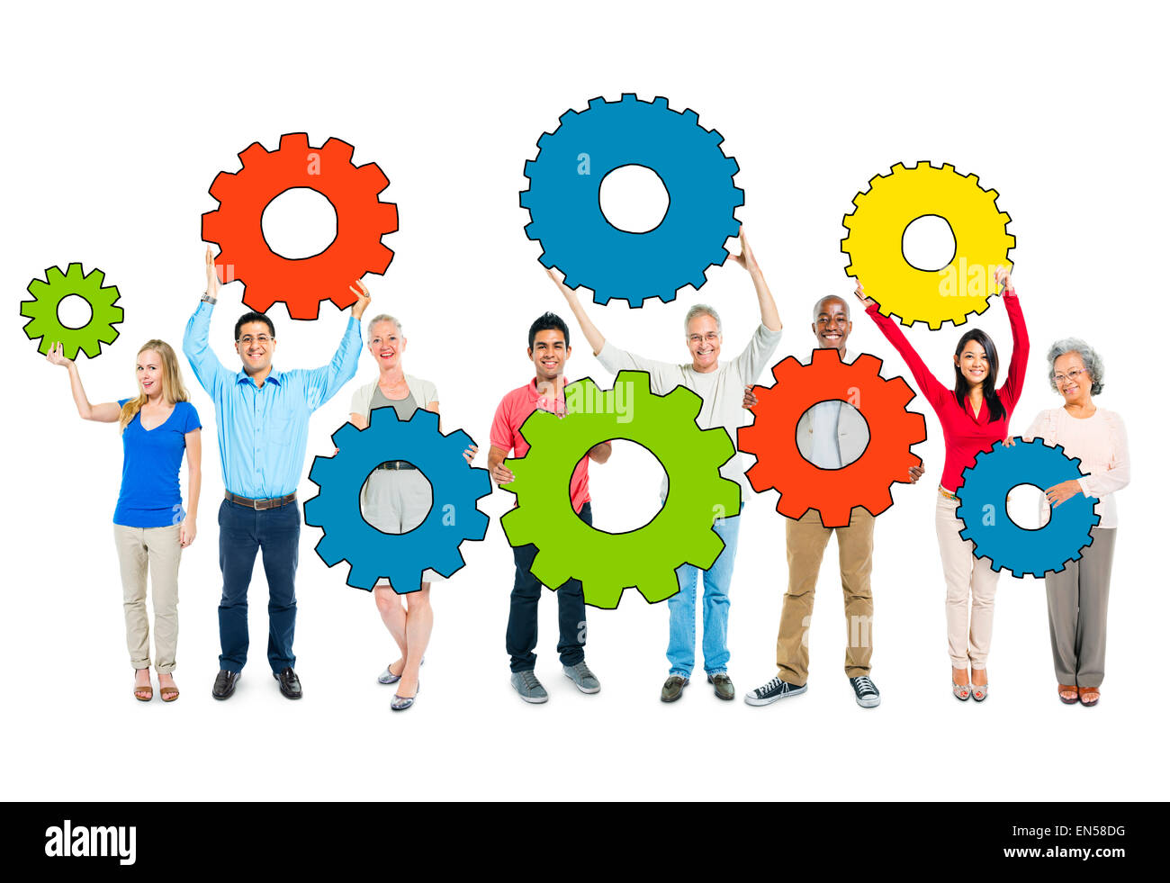 Multiethnic Group of People Holding Gears Stock Photo - Alamy Multiethnic Group of People Holding Gears Stock Photo - Alamy
