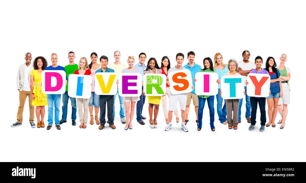 Multi-ethnic group of people holding 9 letters of placards forming ...