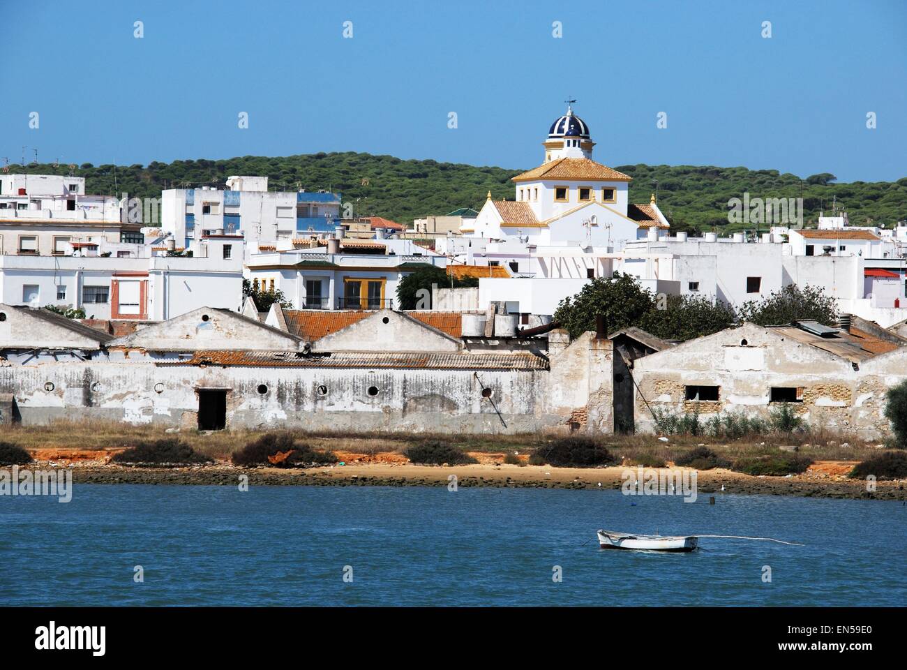 View of town across the River Barbate, Barbate, Cadiz Province ...