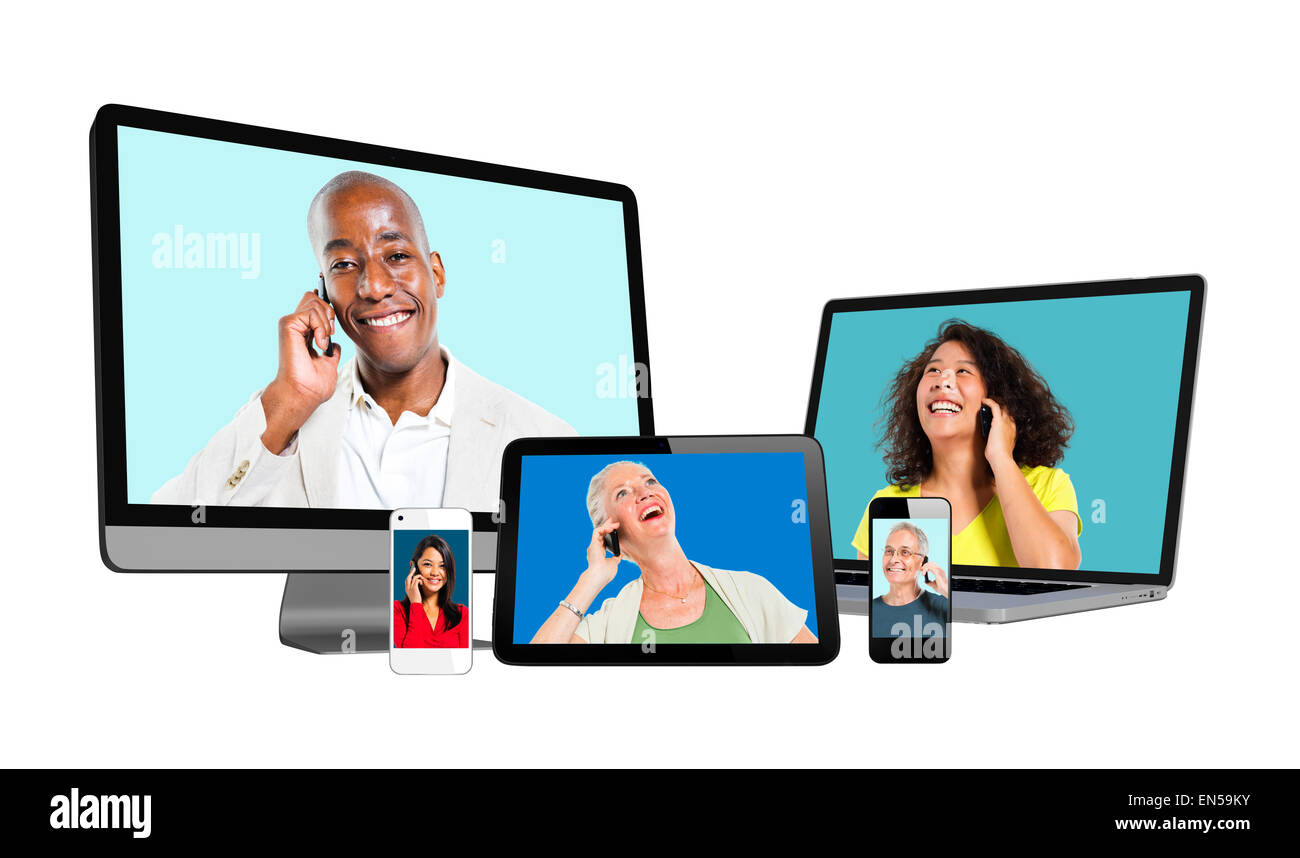 3D Collection of Digital Devices with Global Communications Concept ...