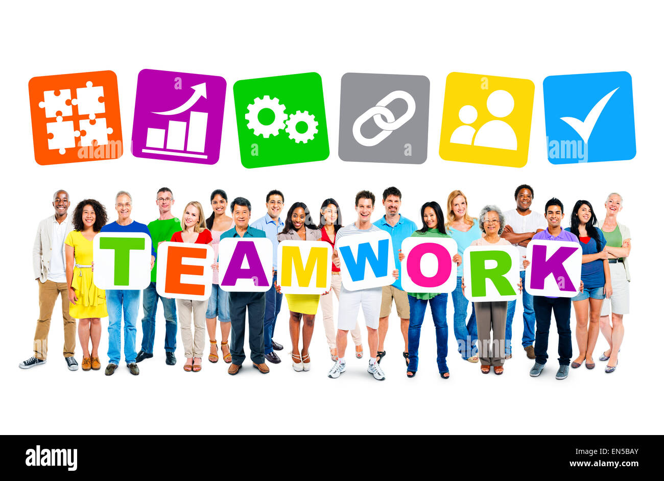 Multi-ethnic group of people holding 8 letters of placards forming ...