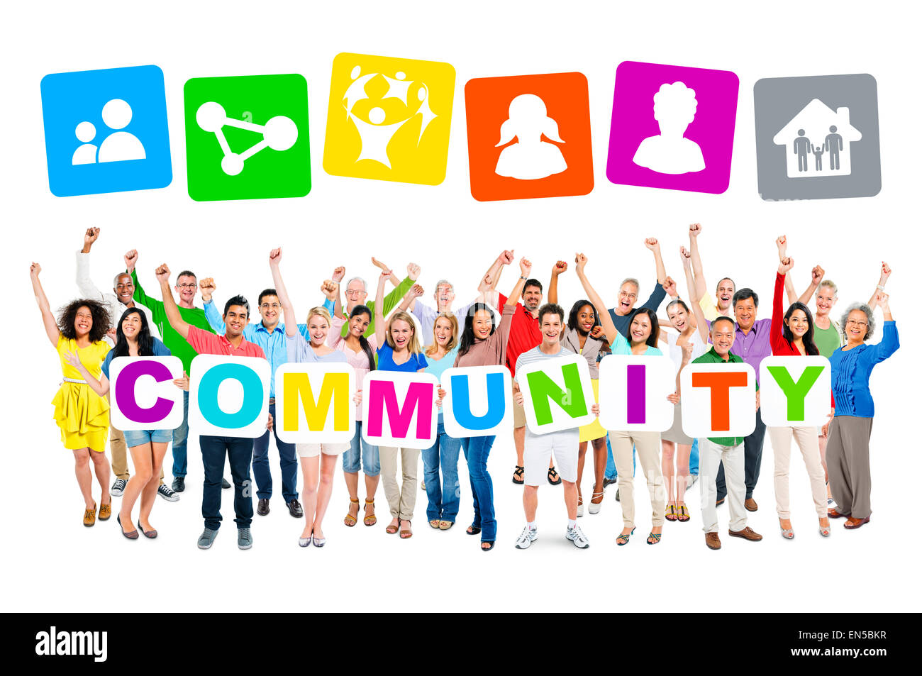 Multi-ethnic group of people holding cardboards forming community and ...