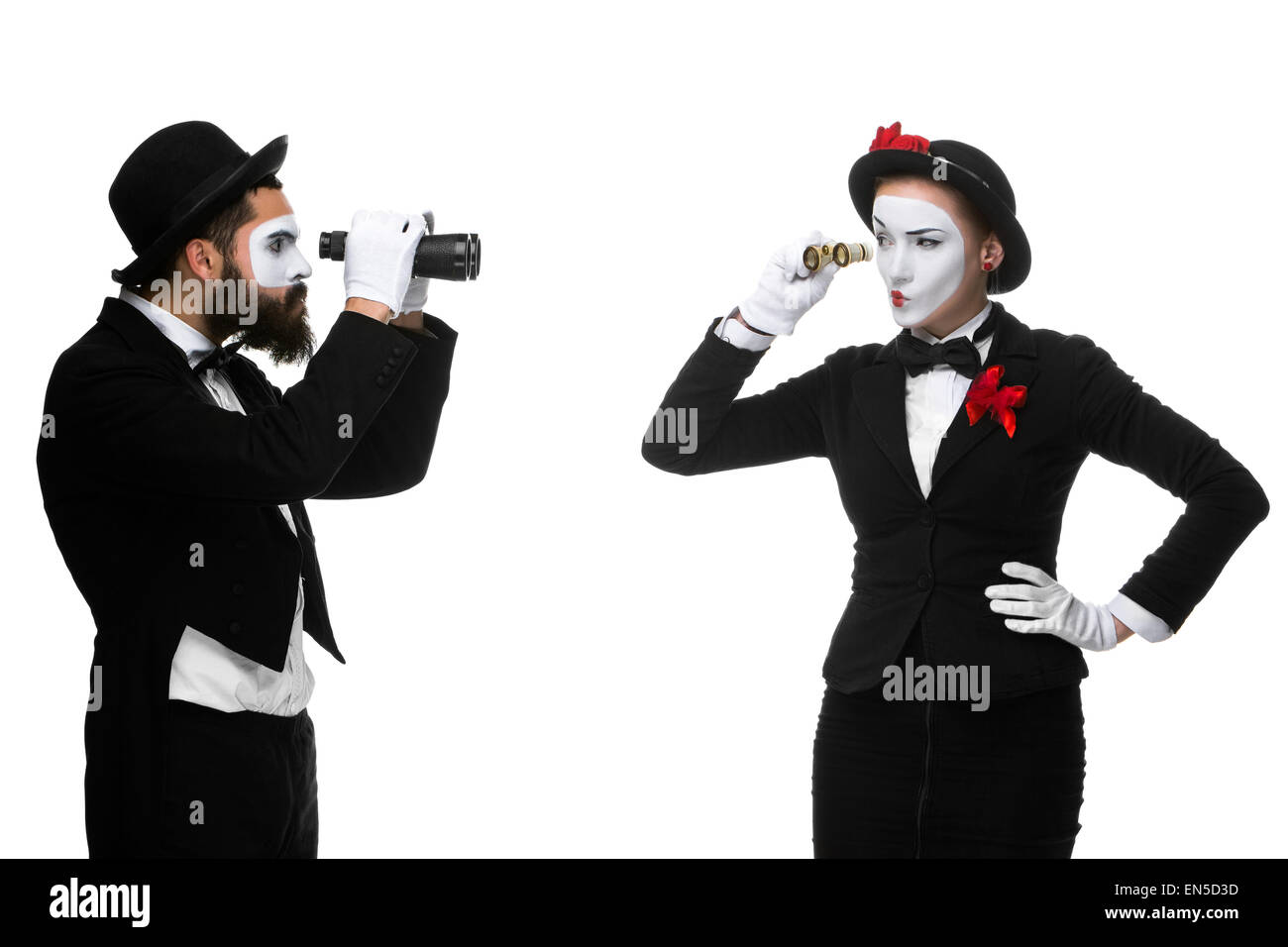 Two memes as business people looking at each other through binoculars ...