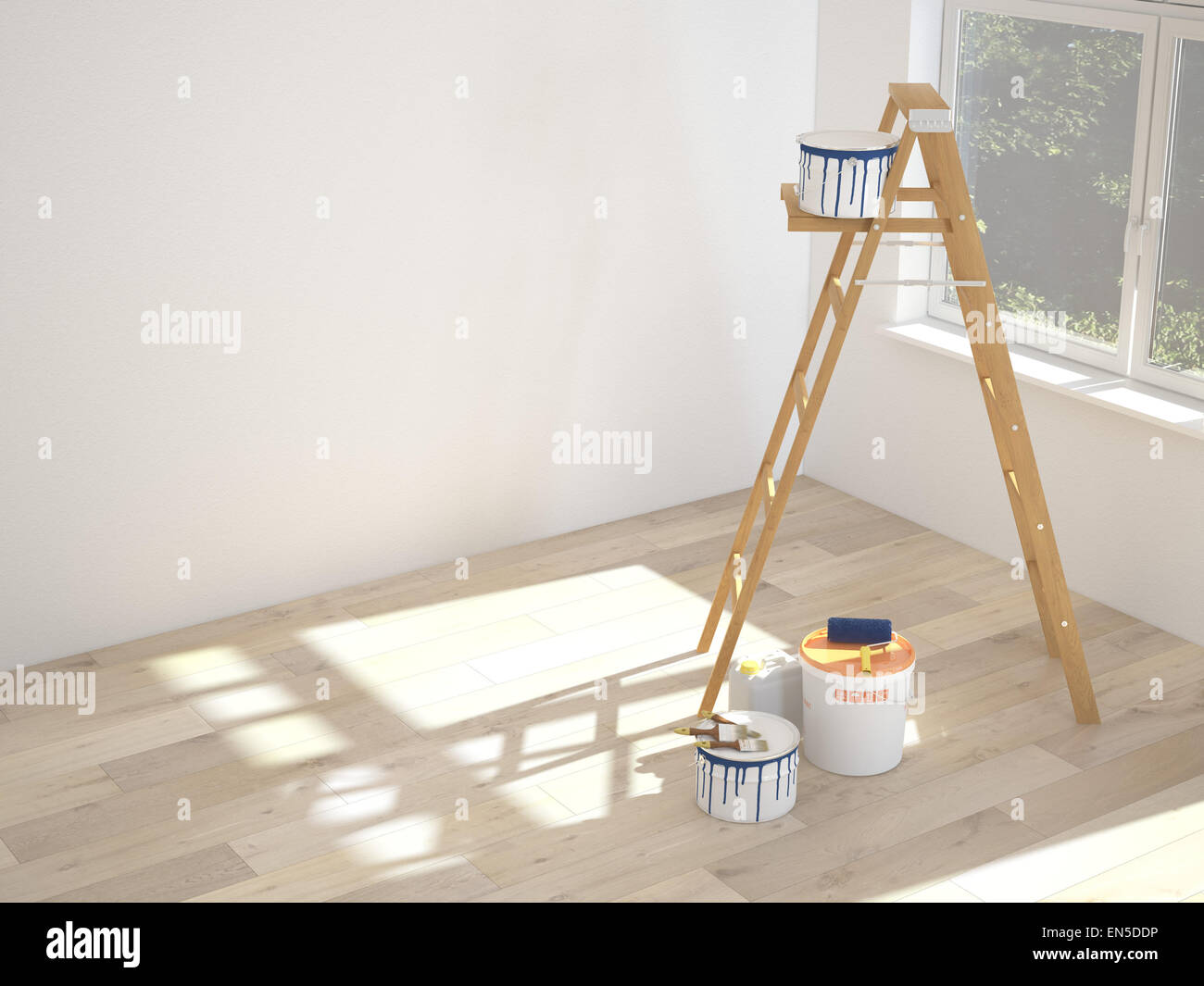 Painting walls in room with ladder during renovation. 3d rendering ...