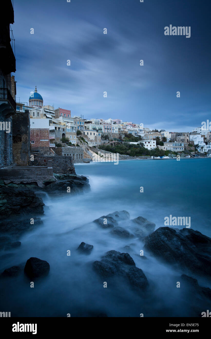 A seascape of the coastline of Ermoupolis in Syros in the Greek Islands ...