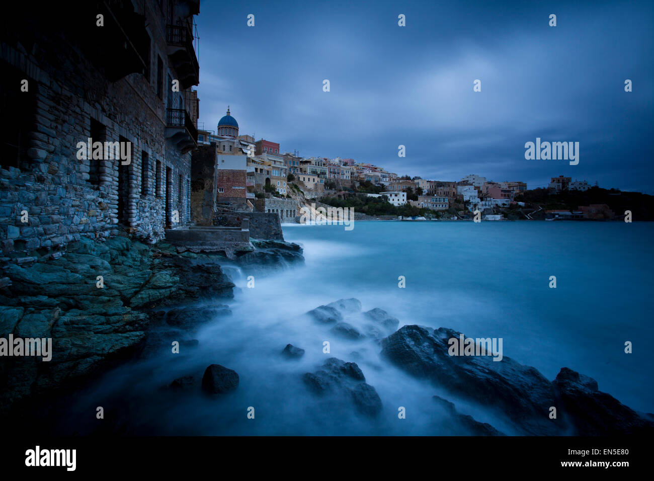 A seascape of the coastline of Ermoupolis in Syros in the Greek Islands ...
