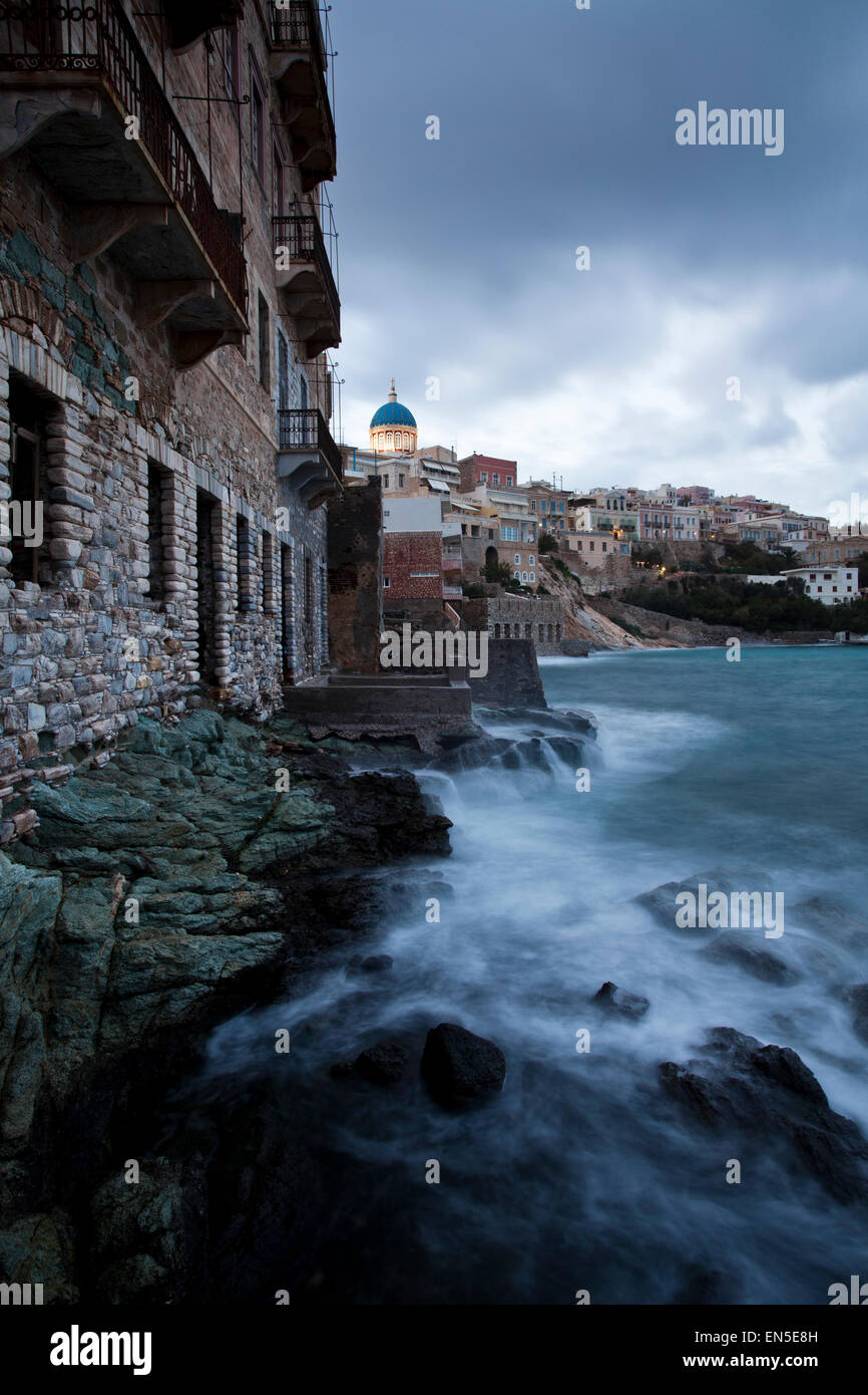 A seascape of the coastline of Ermoupolis in Syros in the Greek Islands ...
