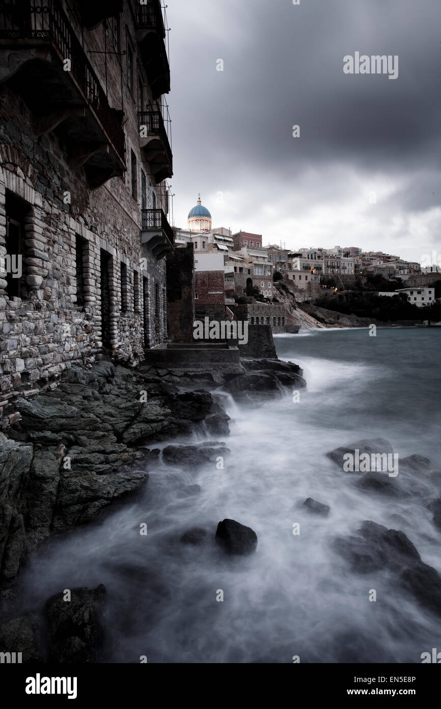 A seascape of the coastline of Ermoupolis in Syros in the Greek Islands ...