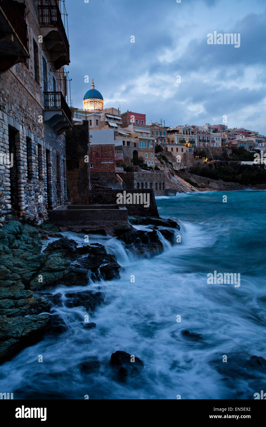 A seascape of the coastline of Ermoupolis in Syros in the Greek Islands ...