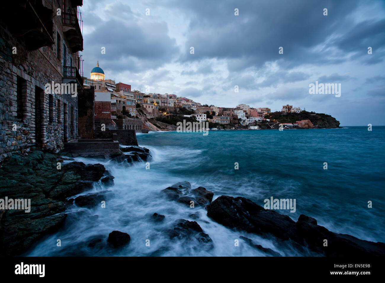 A seascape of the coastline of Ermoupolis in Syros in the Greek Islands ...