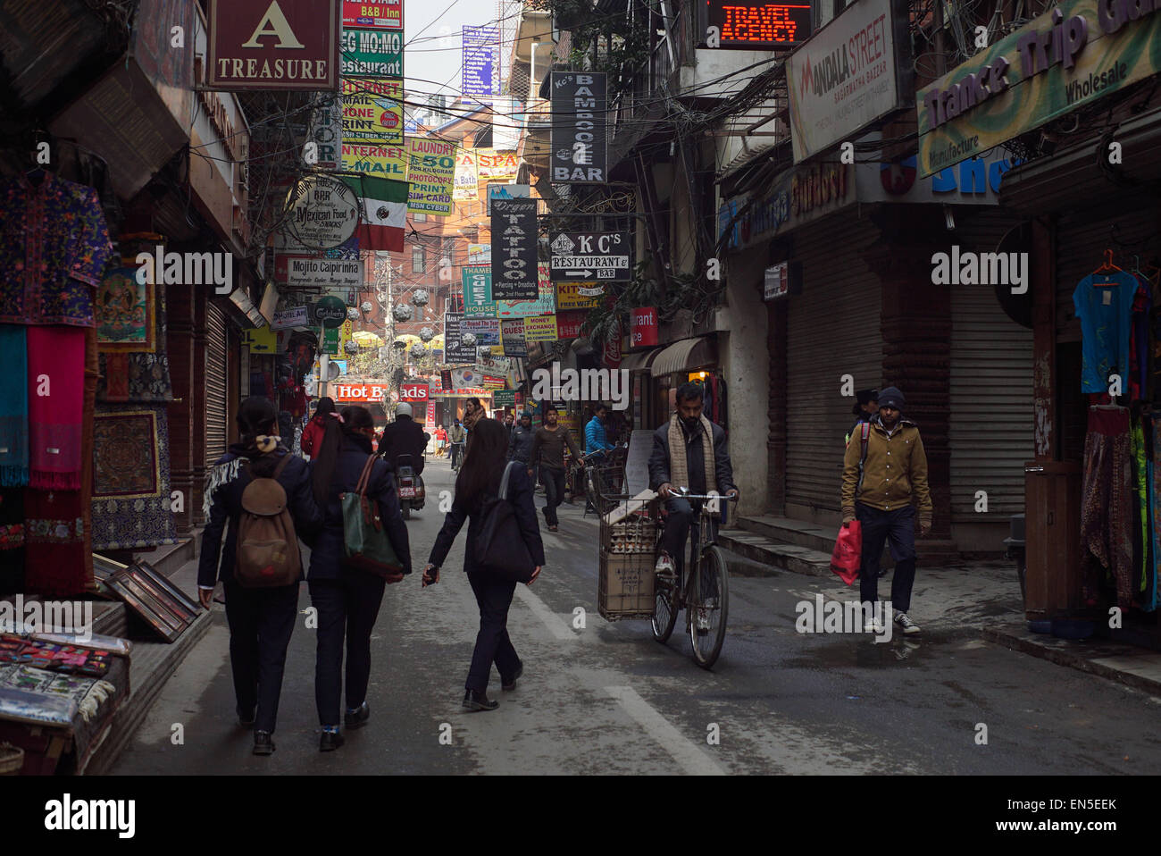 On the streets of Thamel in Kathmandu, Nepal, the heart of the tourist ...