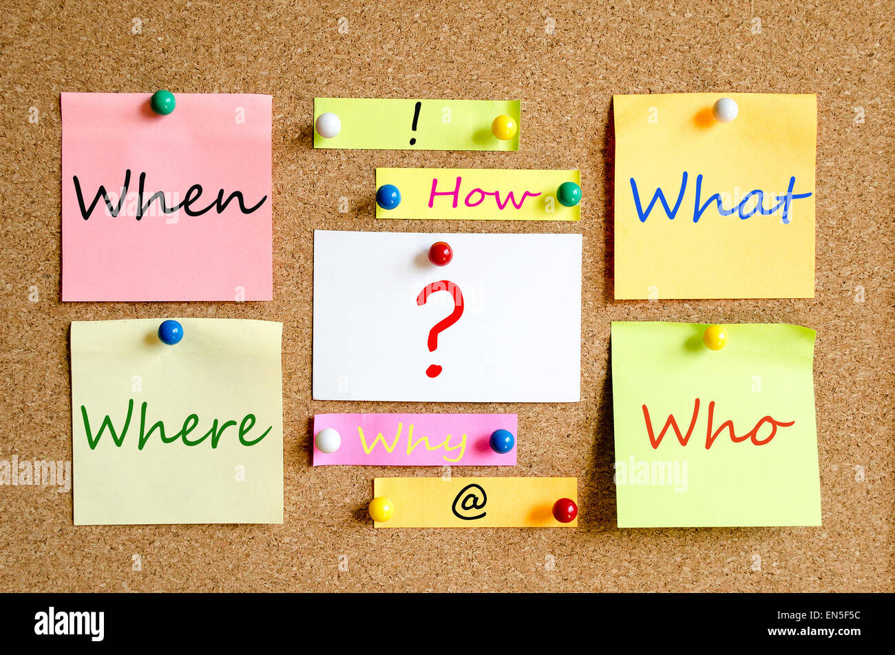 Colorful sticky notes on cork board background questions Concept Stock ...