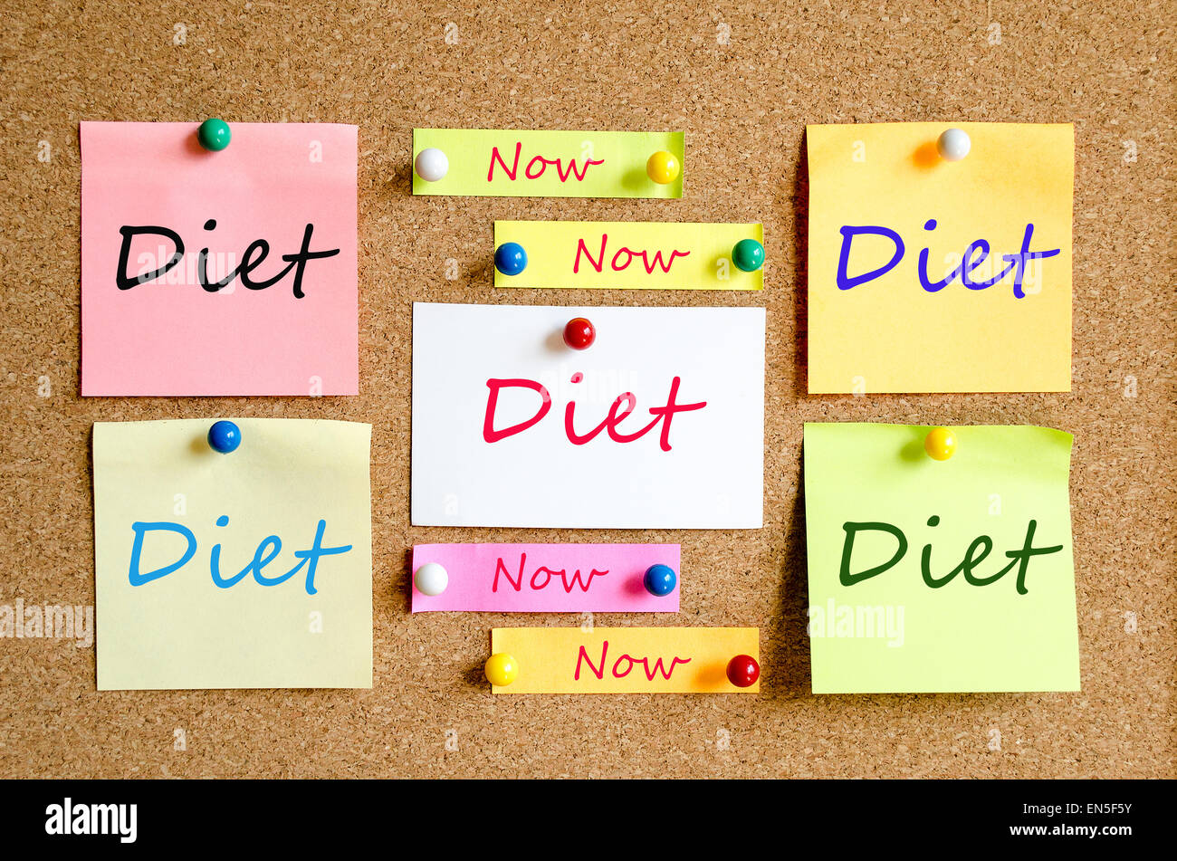 Colorful sticky notes on cork board background diet now concept Stock ...