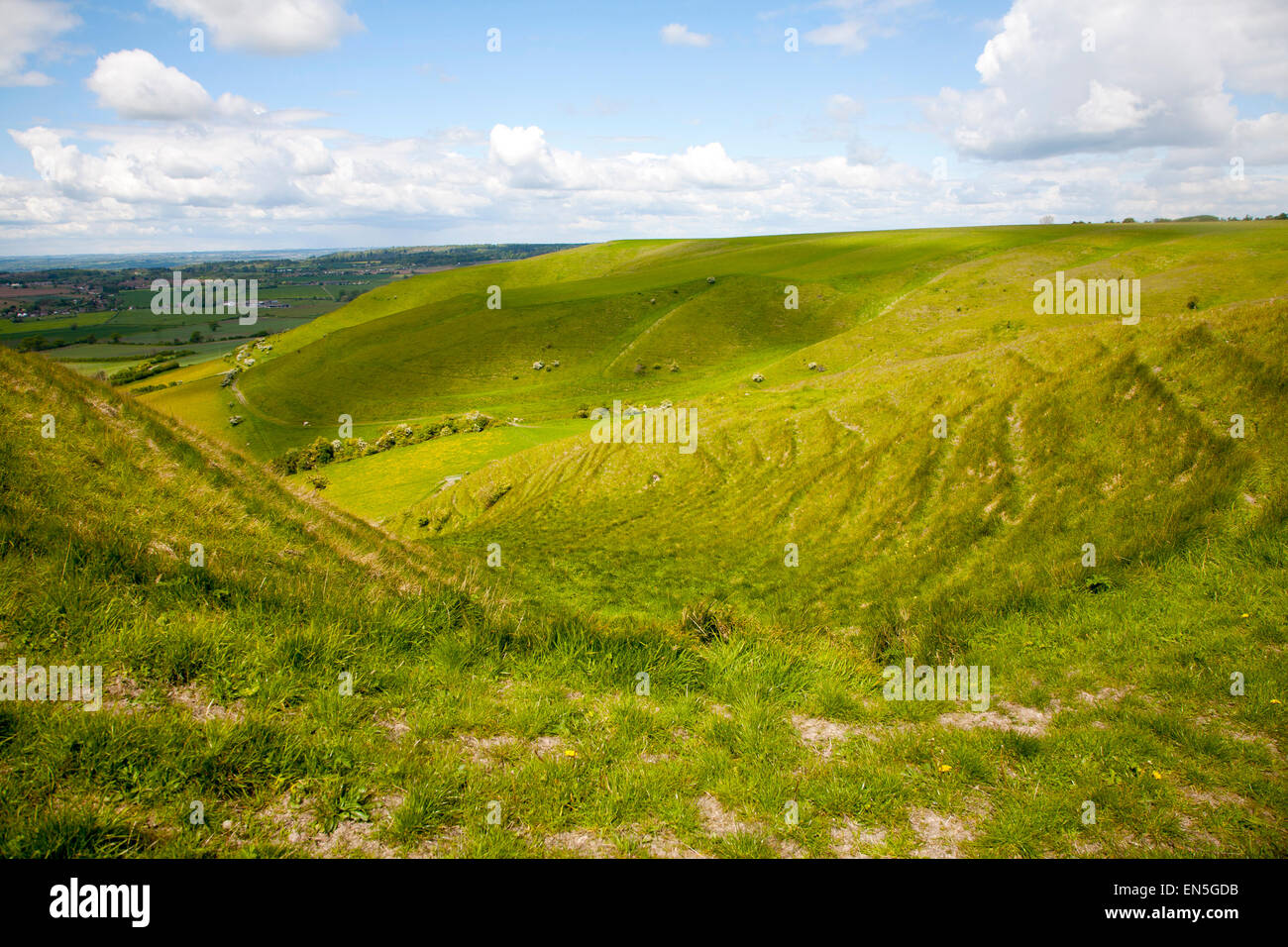 Chalk scarp slope with dry valleys at Roundway Hill, near Devizes ...