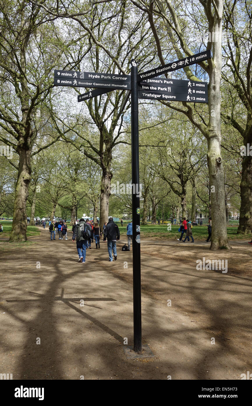 Signpost in Green Park indicating the way and people walking through on ...
