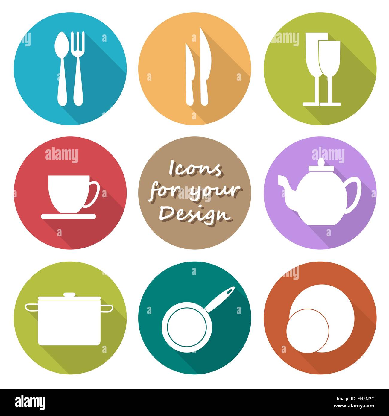 Vector round icons set of kitchen utensil in colored flat design style ...