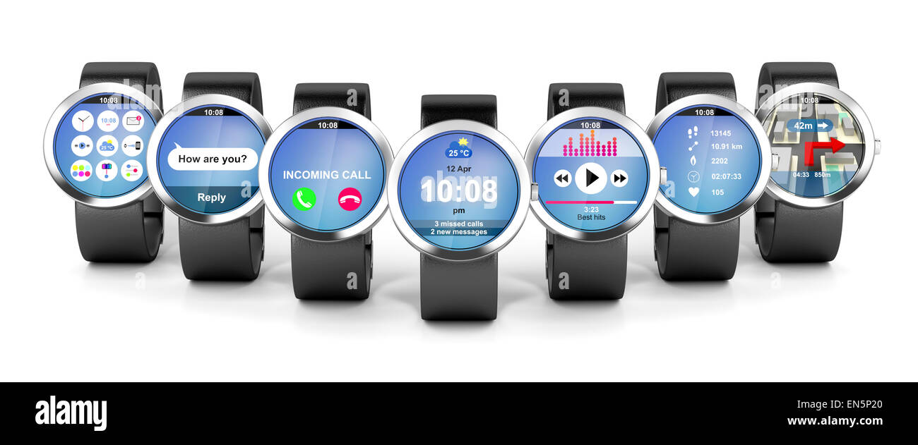 Group of smart watches with different apps Stock Photo - Alamy