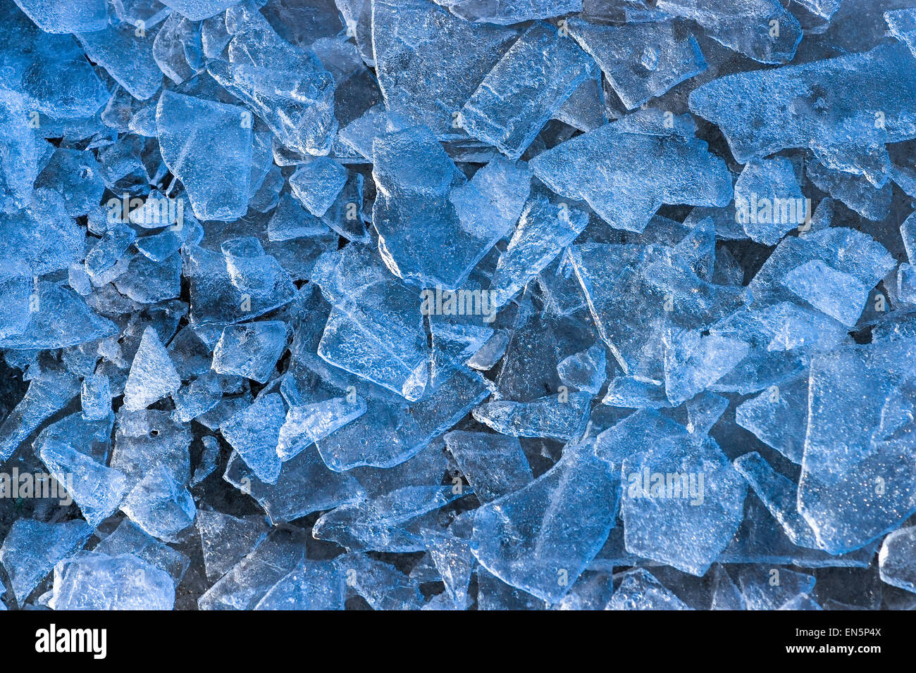 A pile of small pieces of natural ice of blue color. Play of light and ...