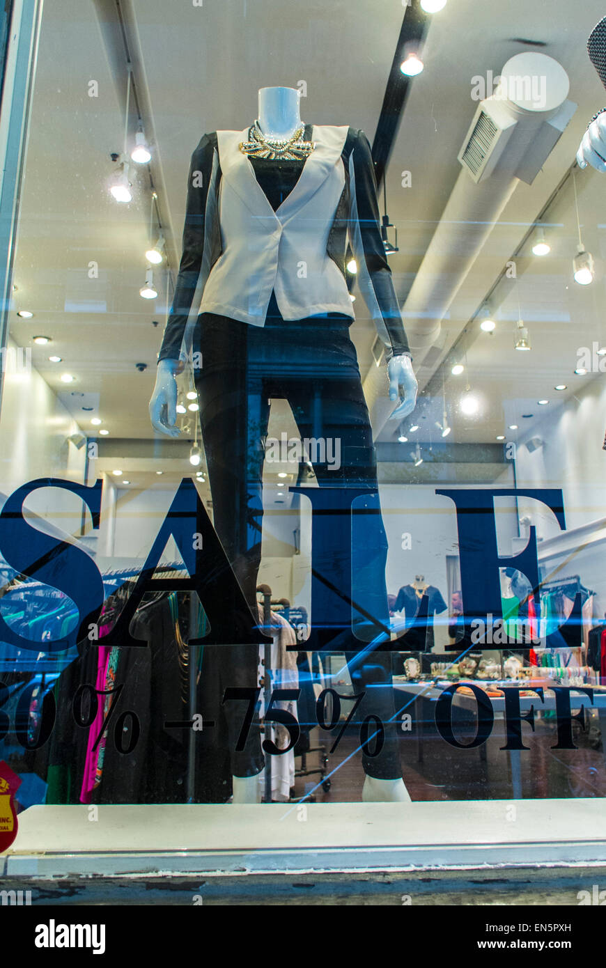 New York, NY, USA, Inside Fashionable Clothing Store in Soho, sale sign ...