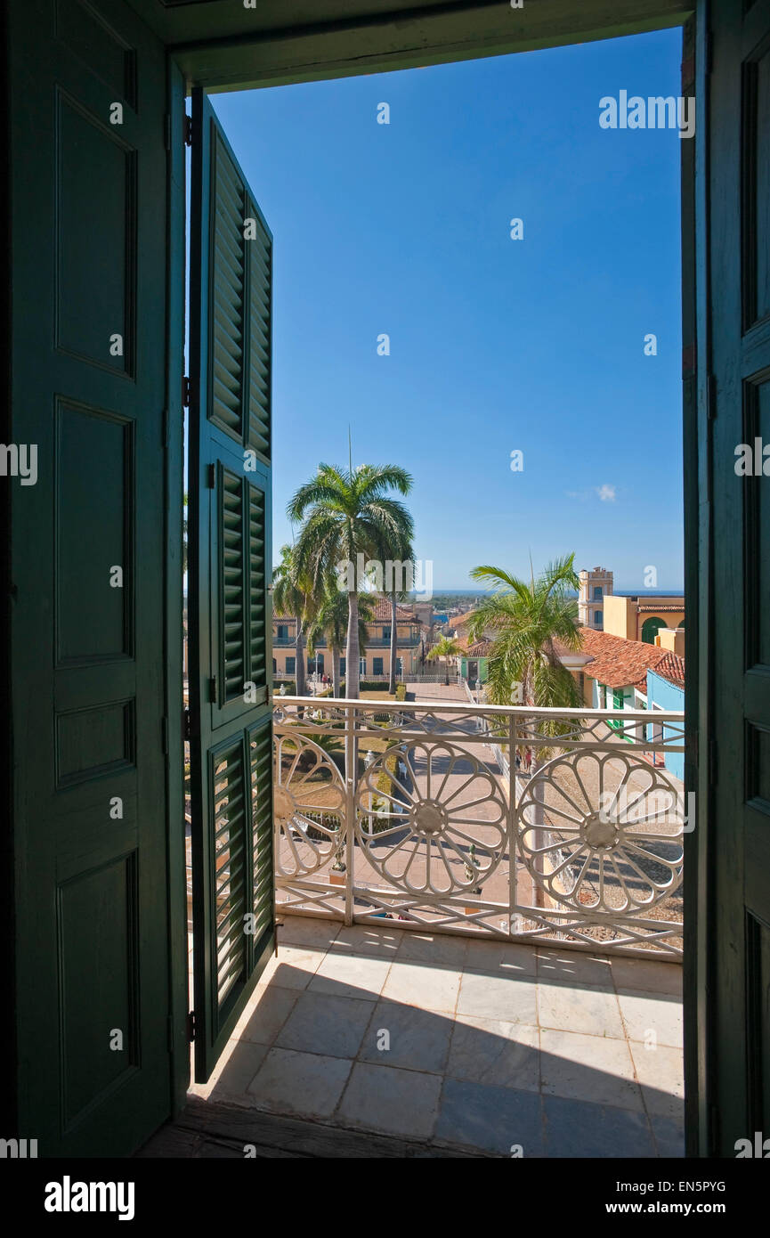 Vertical view through a window of Plaza Mayor in Trinidad, Cuba Stock ...