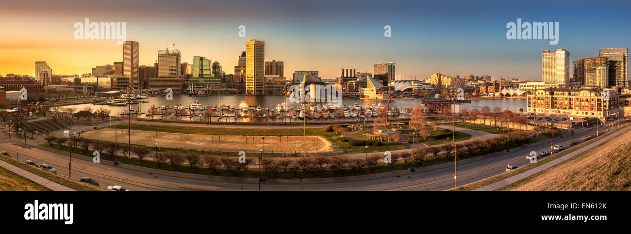 Baltimore skyline panorama at sunset, as viewed from Federal Hill Stock ...