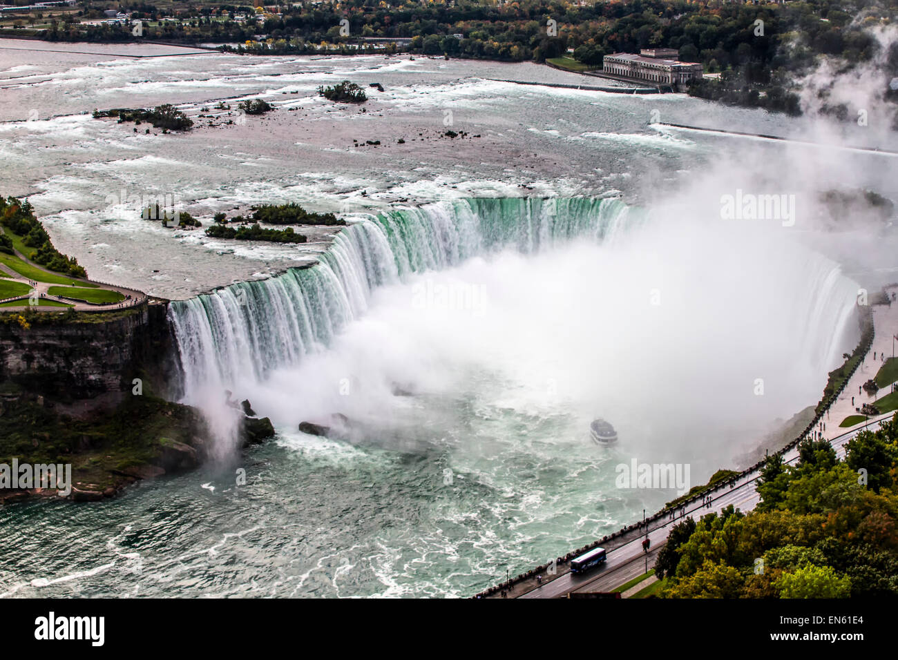 Aerial view of the Maid of t;he Mist in the churning water at the base ...