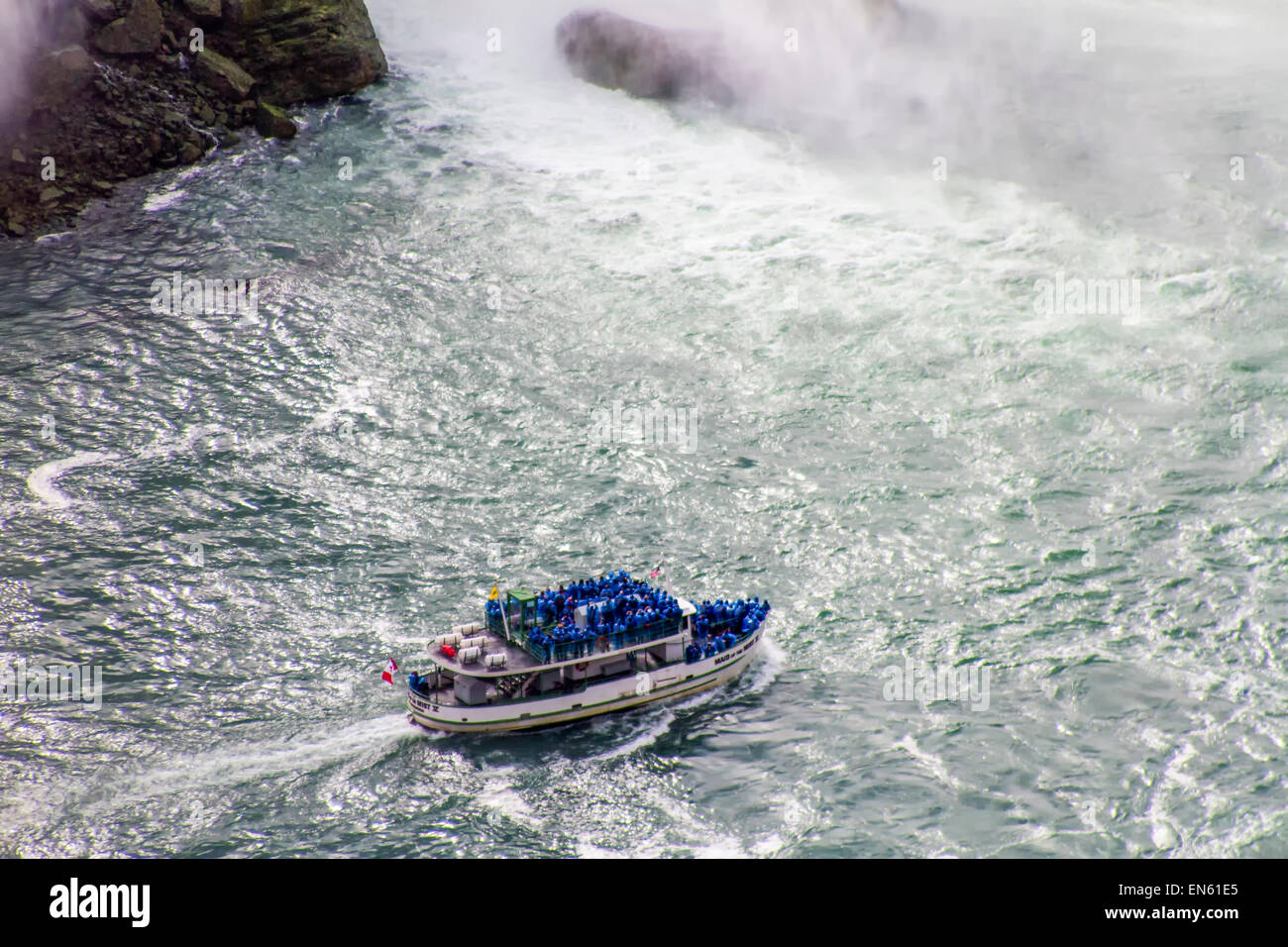 Aerial view of the Maid of t;he Mist in the churning water at the base ...