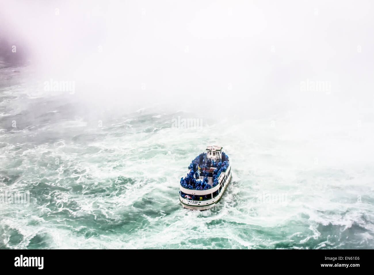 Aerial view of the Maid of t;he Mist in the churning water at the base ...