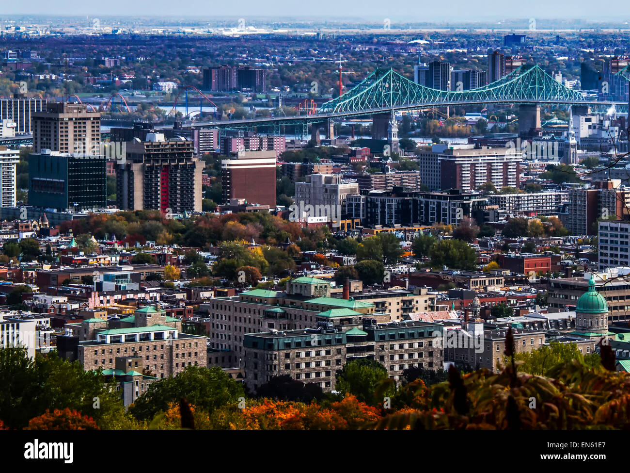 aerial view of city and Jacques Cartier bridge over the St. Lawrence ...