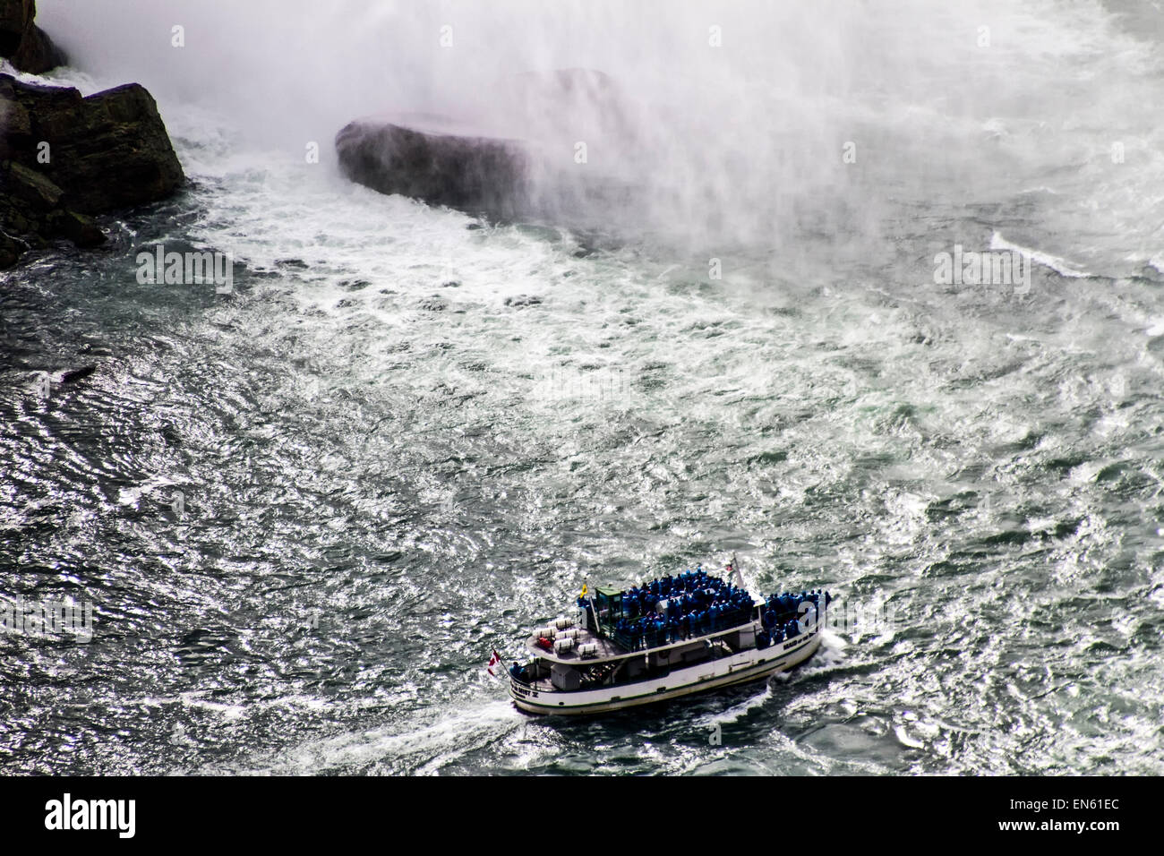 Aerial view of the Maid of t;he Mist in the churning water at the base ...