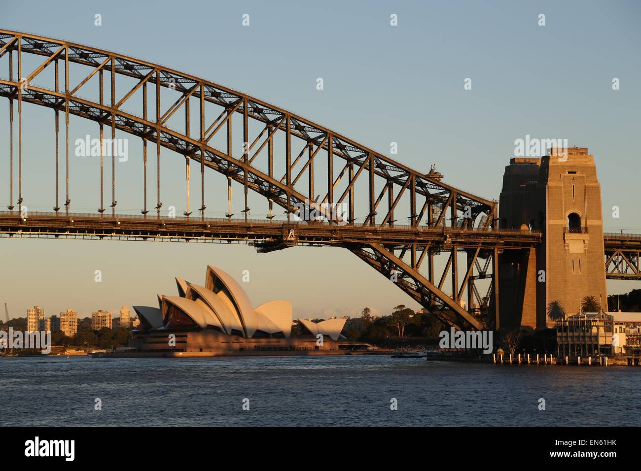 The Sydney Harbour Bridge and Opera House at dusk viewed from Blues ...
