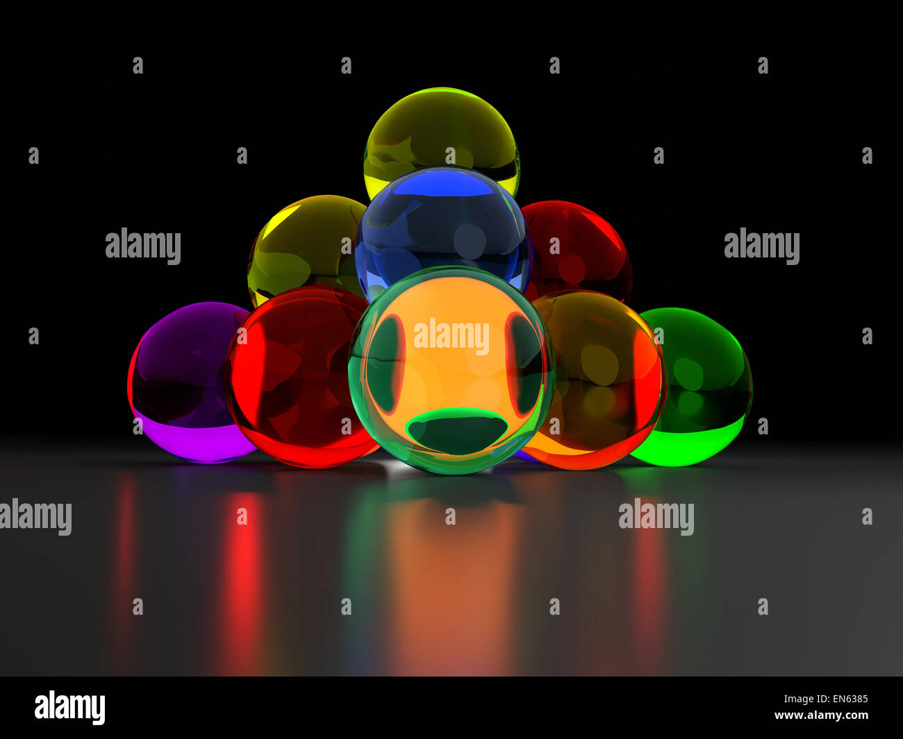 rendering of a small pyramide made of transparent colored glass balls ...