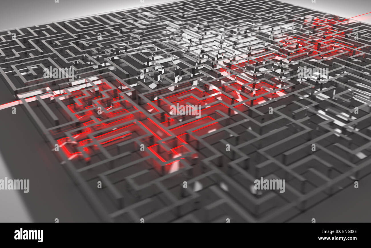 Labyrinth with red illuminated way through Stock Photo - Alamy