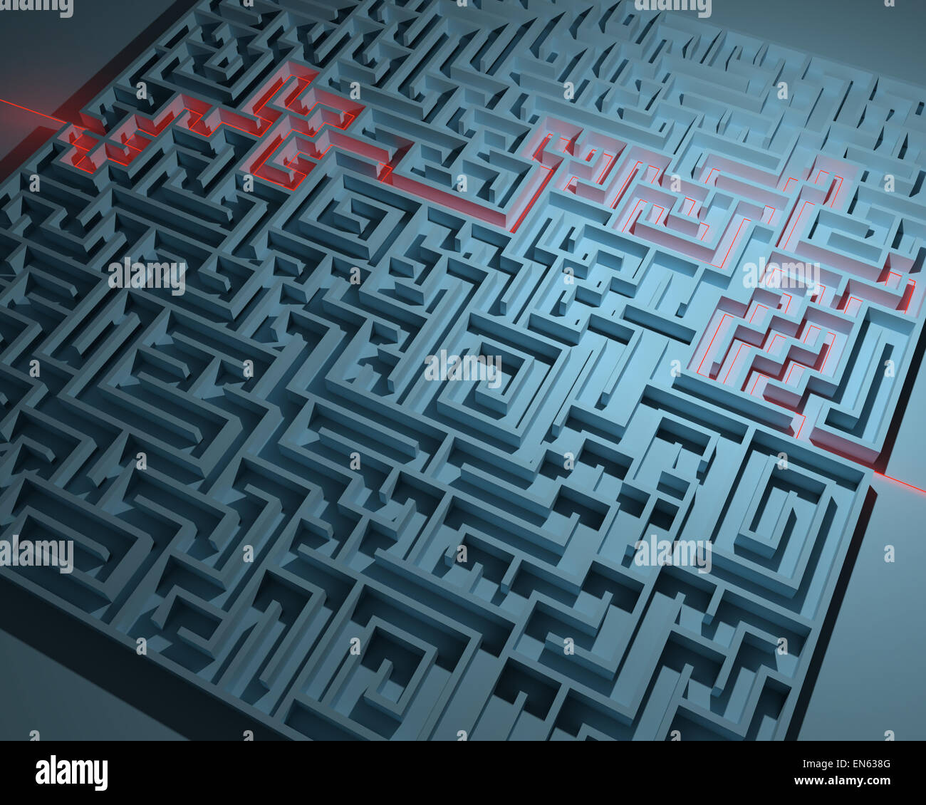 Labyrinth with red illuminated way through in blue ambiance Stock Photo ...