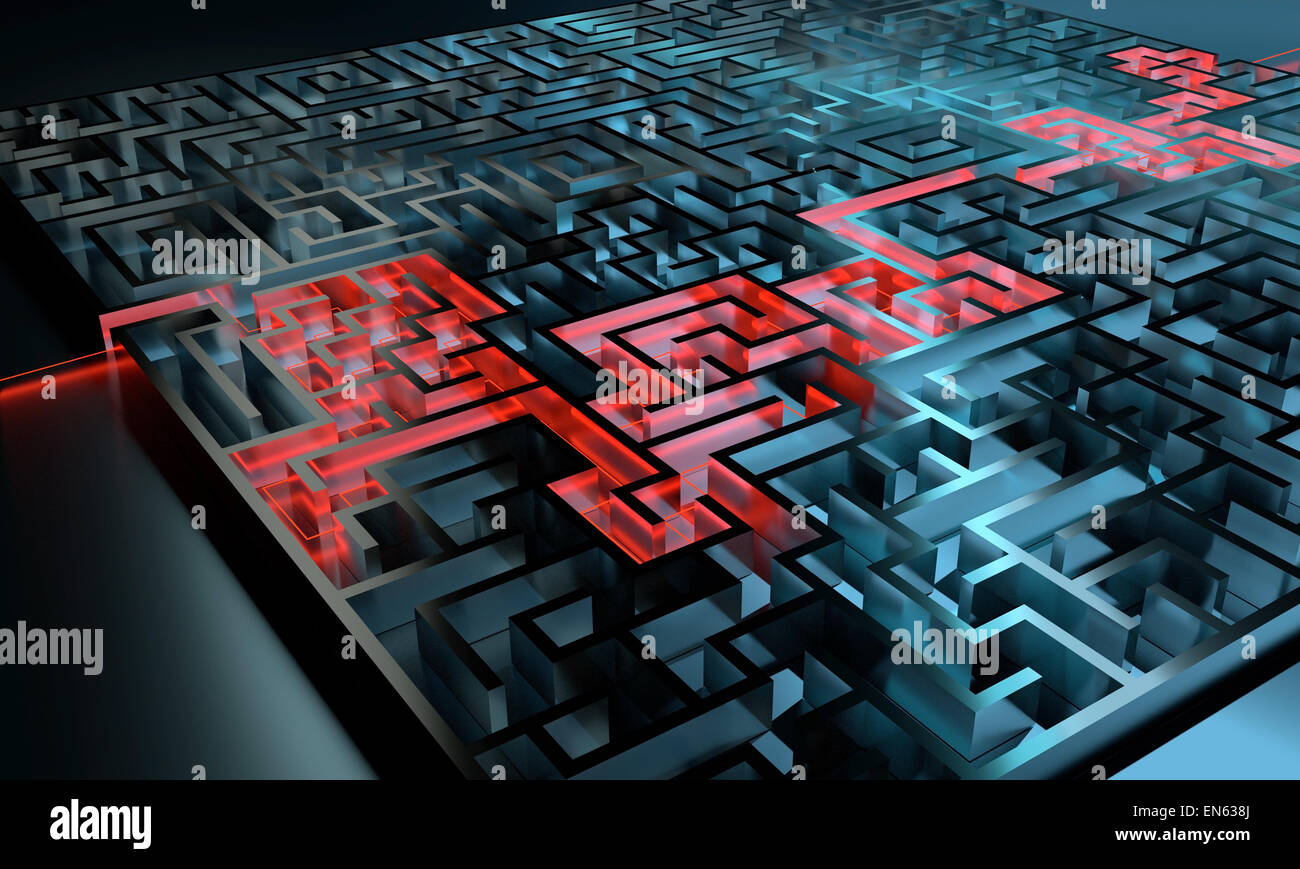 Labyrinth with red illuminated way through in blue ambiance Stock Photo ...