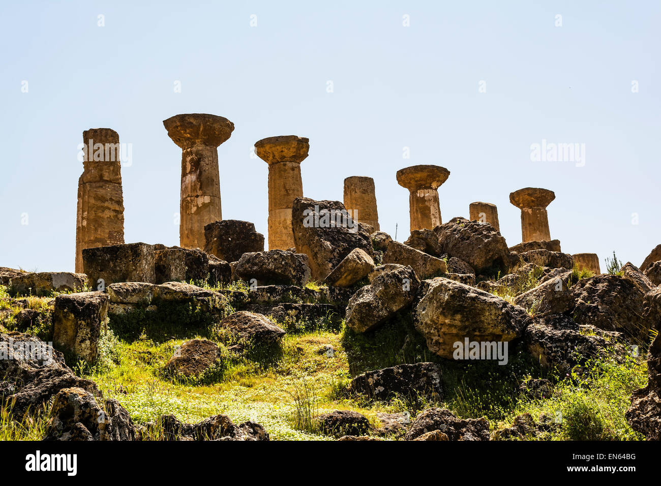 Ancient columns of Hercules Temple at Italy, Sicily, Agrigento. Greek ...