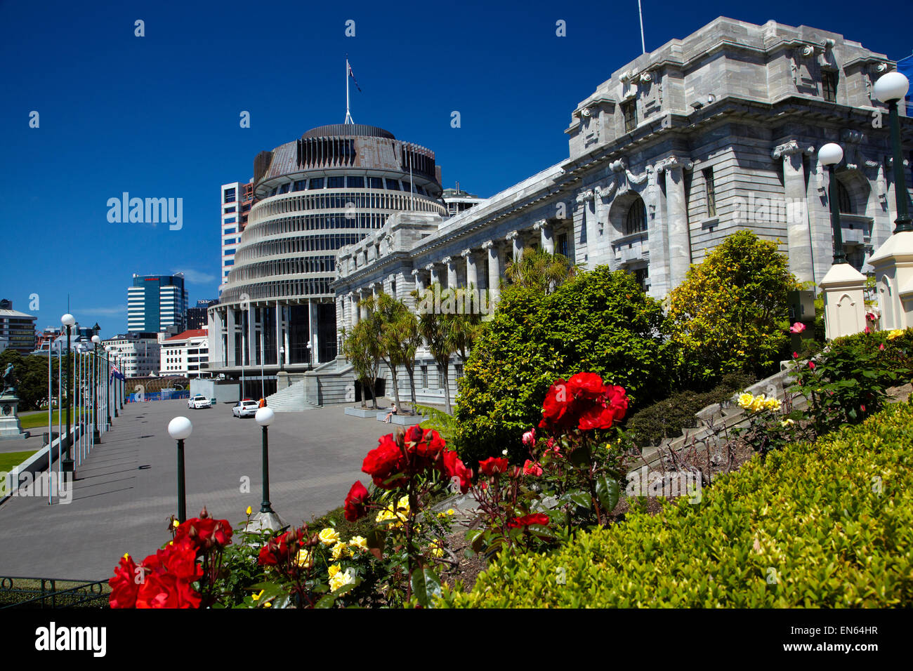 The Beehive and Parliament House, Wellington, North Island, New Zealand ...