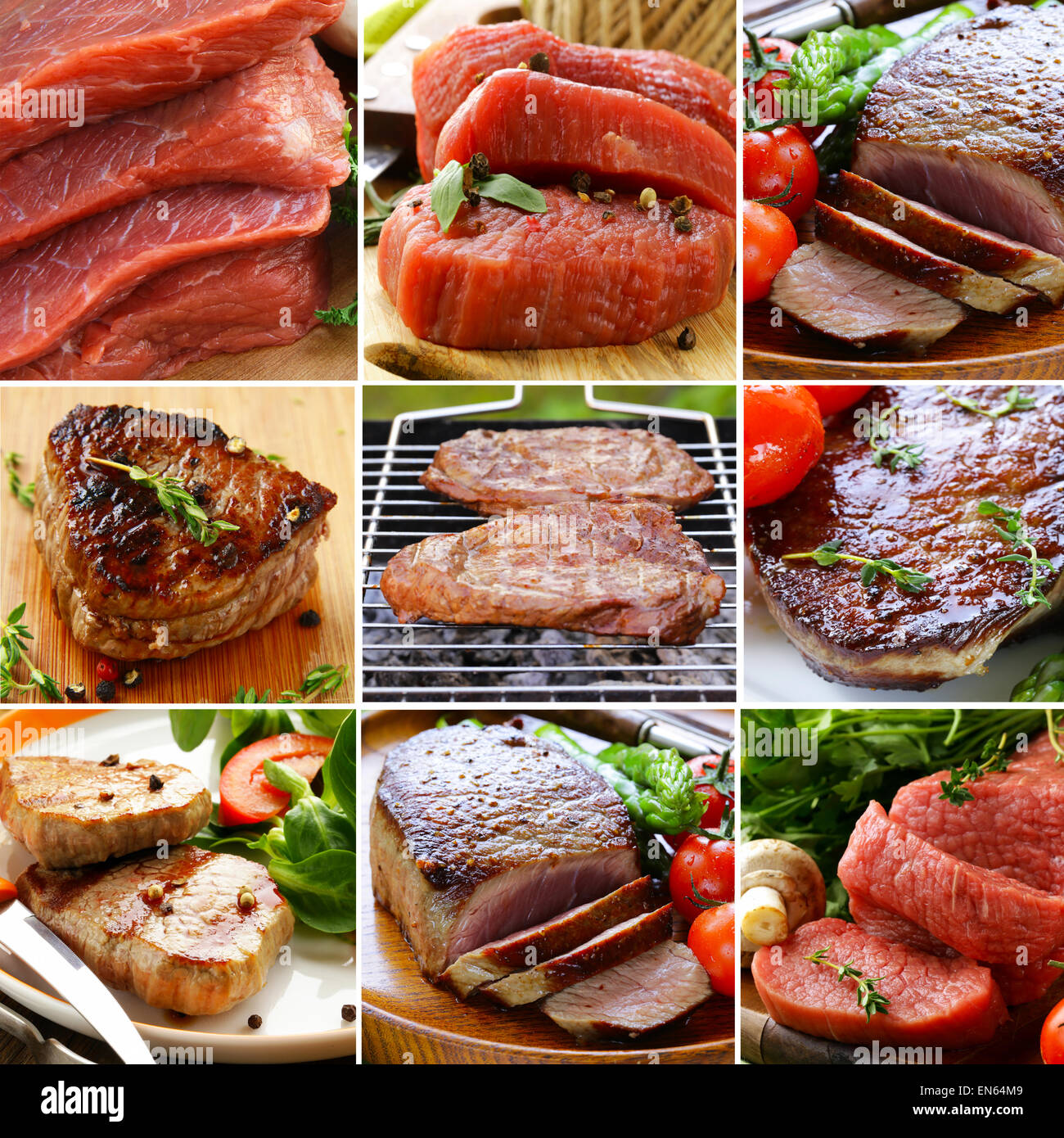 collage of different kinds of raw meat beef and roasted meat Stock ...