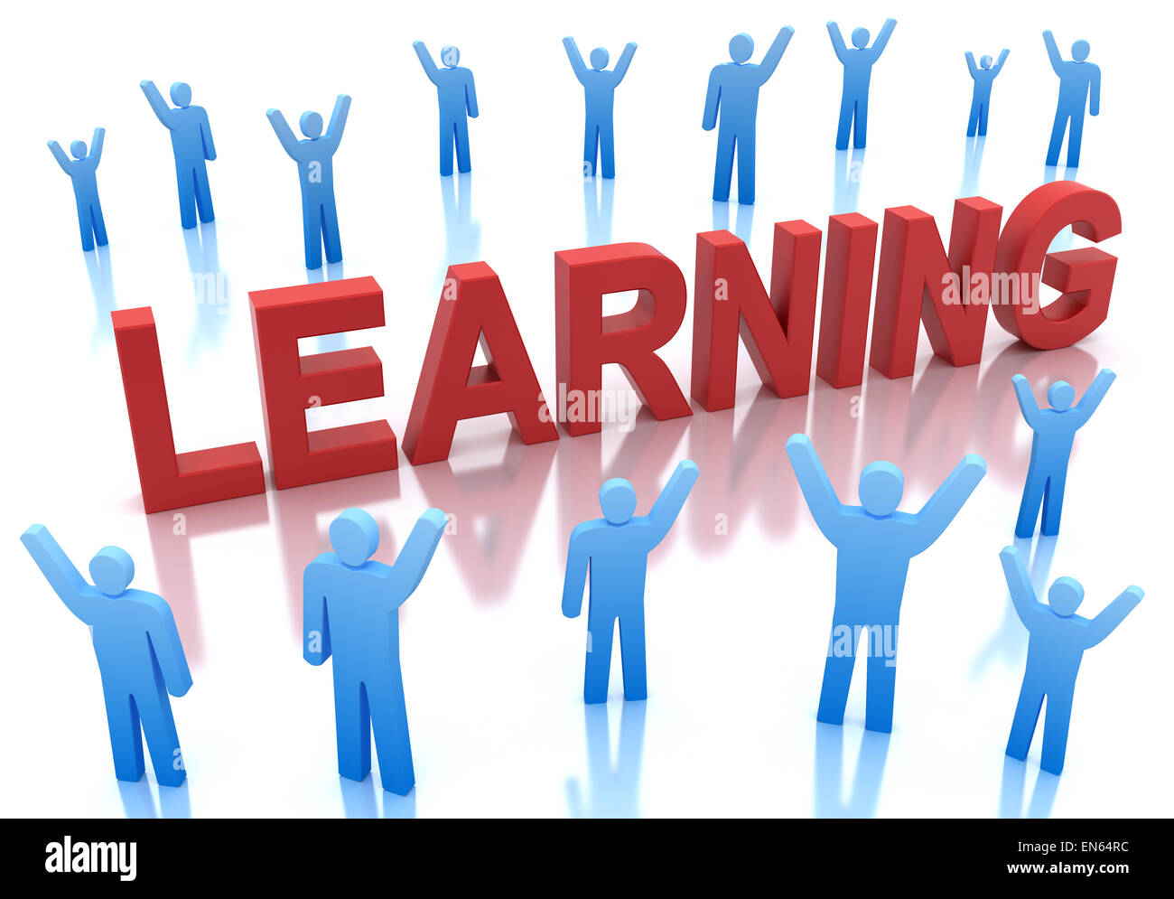 Blue characters round the word learning in red color isolated on white ...