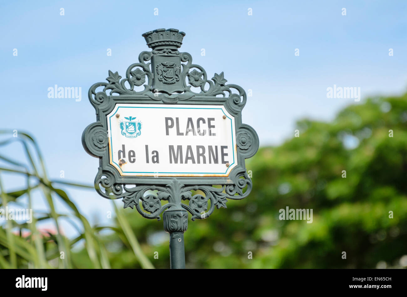 French colonial style sign showing the name 'Place de la Marne', the ...