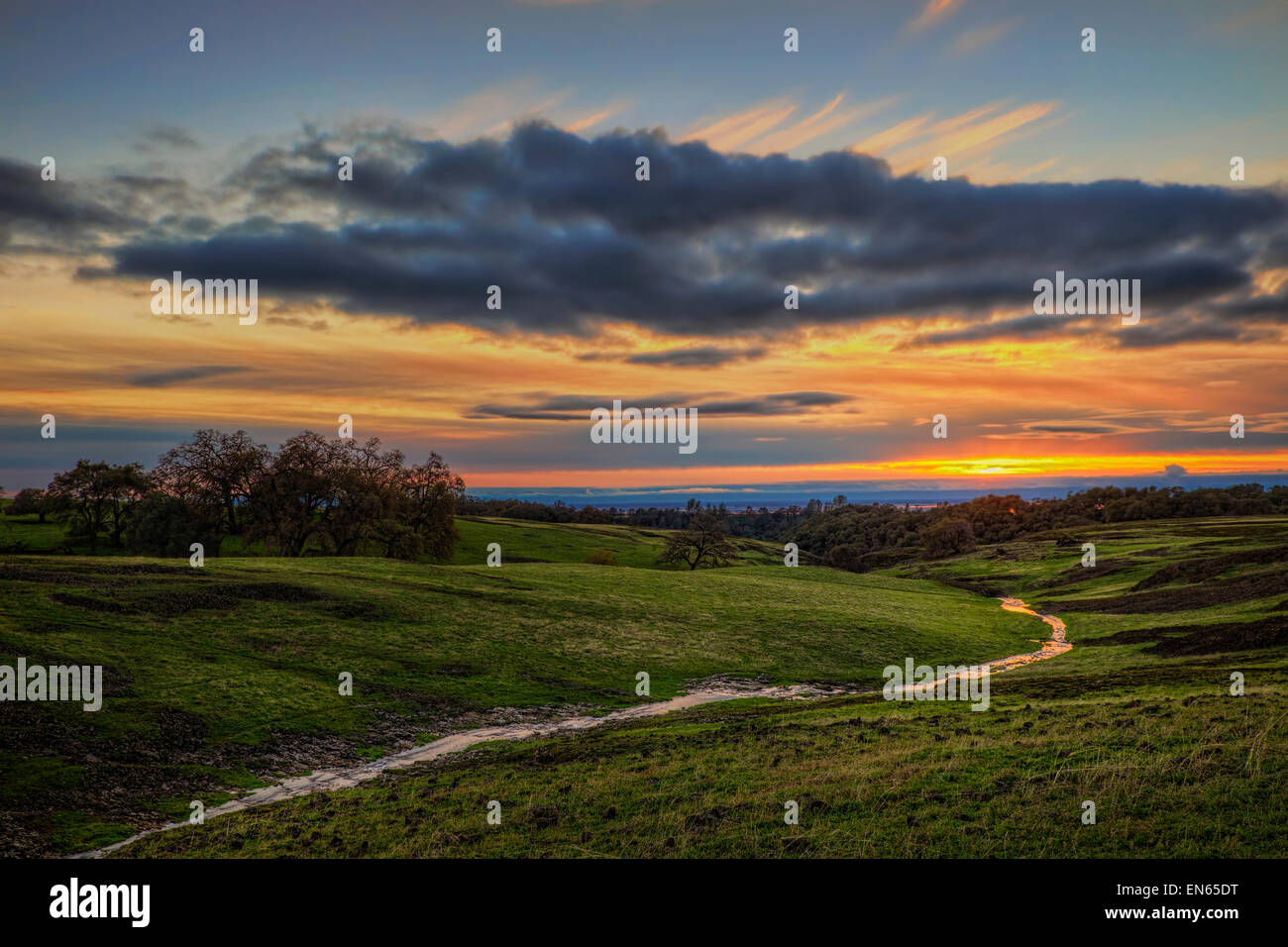 A stream passing through a green field with a sunset in the background ...