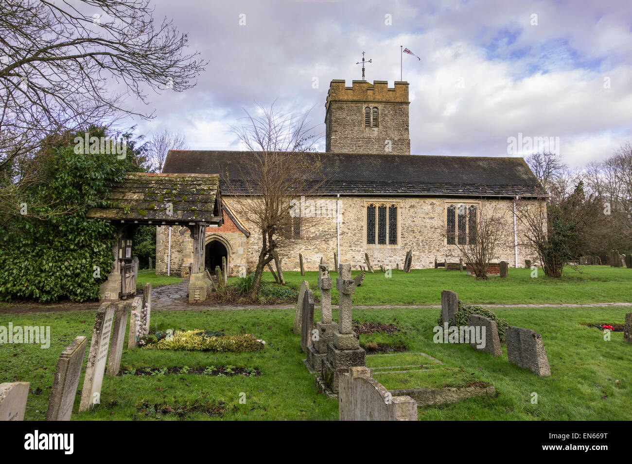 St Nicholas church and its churchyard in Charlwood, Surrey, UK Stock ...