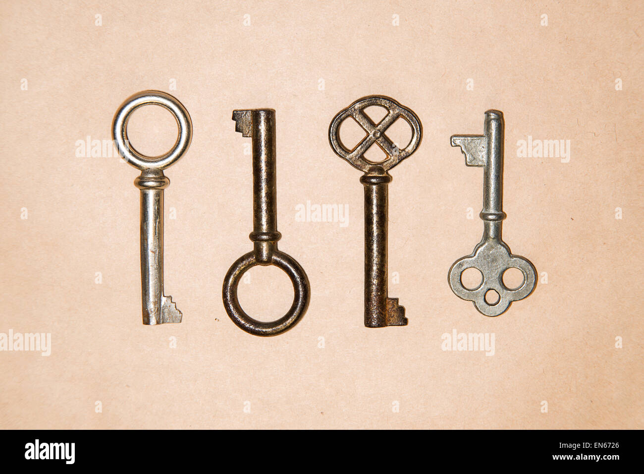 Some vintage keys from the locks on craft paper Stock Photo - Alamy