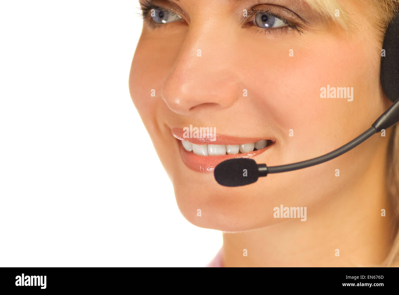 Beautiful hotline operator with headset isolated on white background ...